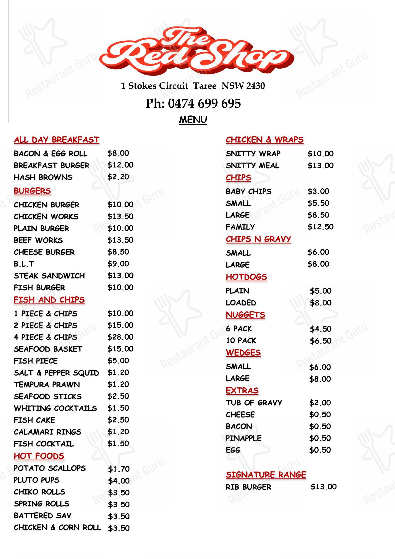 Menu at The Red Shop cafe, Taree, 1 Stokes Cct
