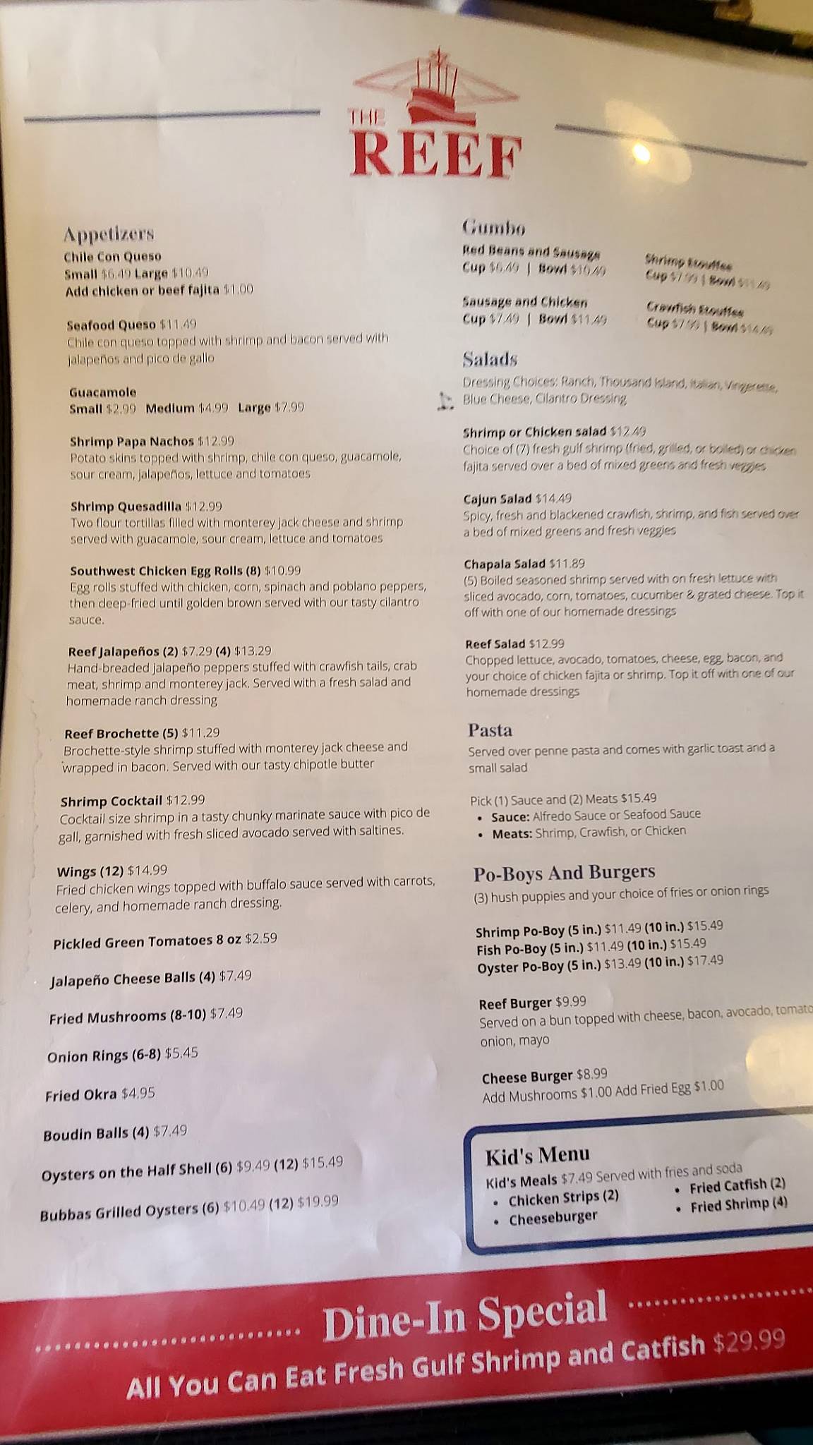 Menu at The Reef restaurant, Texas City, 31st 1/2 St N