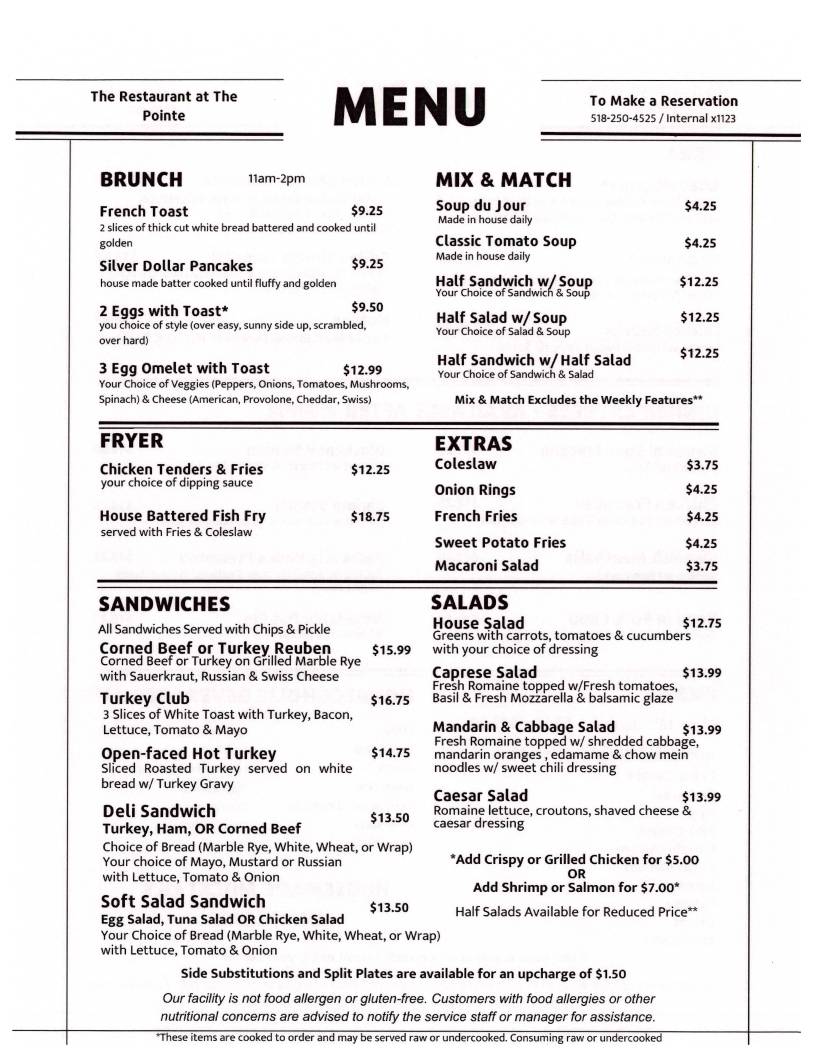Menu at The Restaurant At The Pointe, Watervliet