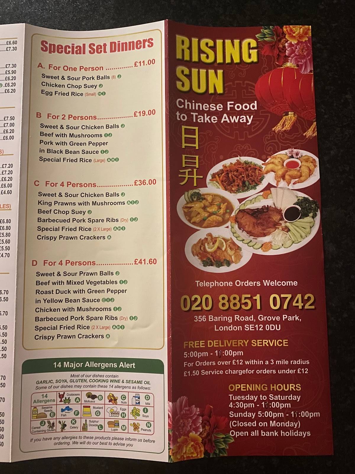 Menu at The Rising Sun fast food, London, 356 Baring Rd