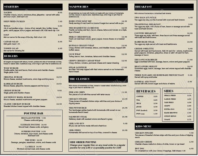 Menu at The Roadhouse, Dawson Creek