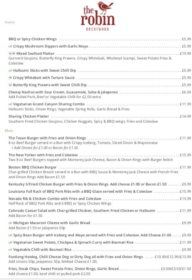 Menu at The Robin pub & bar, Brentwood