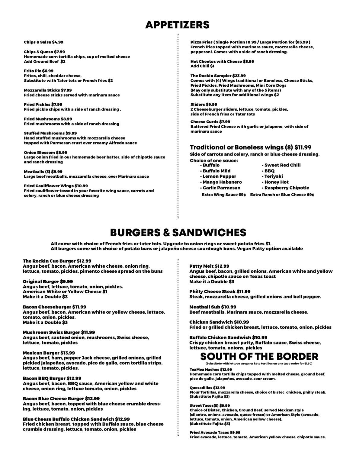 Menu at The Rockin Cue Bar, Harlingen