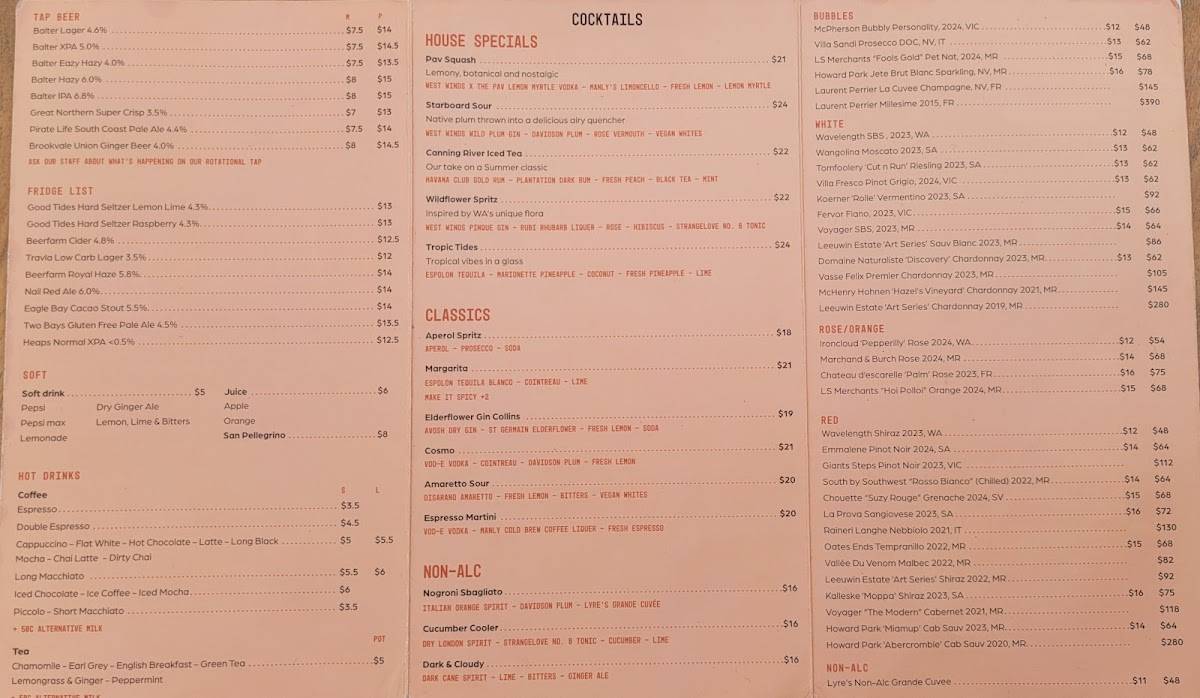 Menu at The Rowing Pavilion restaurant, Mount Pleasant