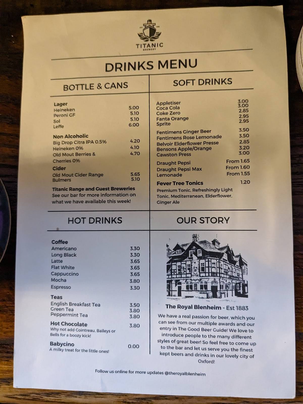 Menu at The Royal Blenheim pub & bar, Oxford