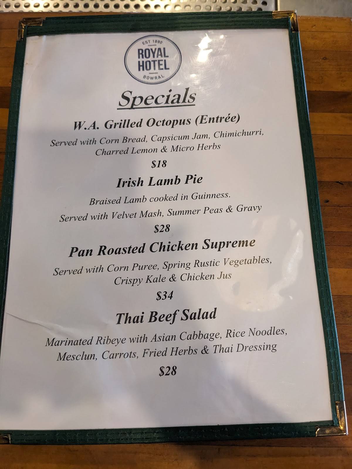 Menu at The Royal Hotel Bowral restaurant, Bowral, 255 Bong Bong St