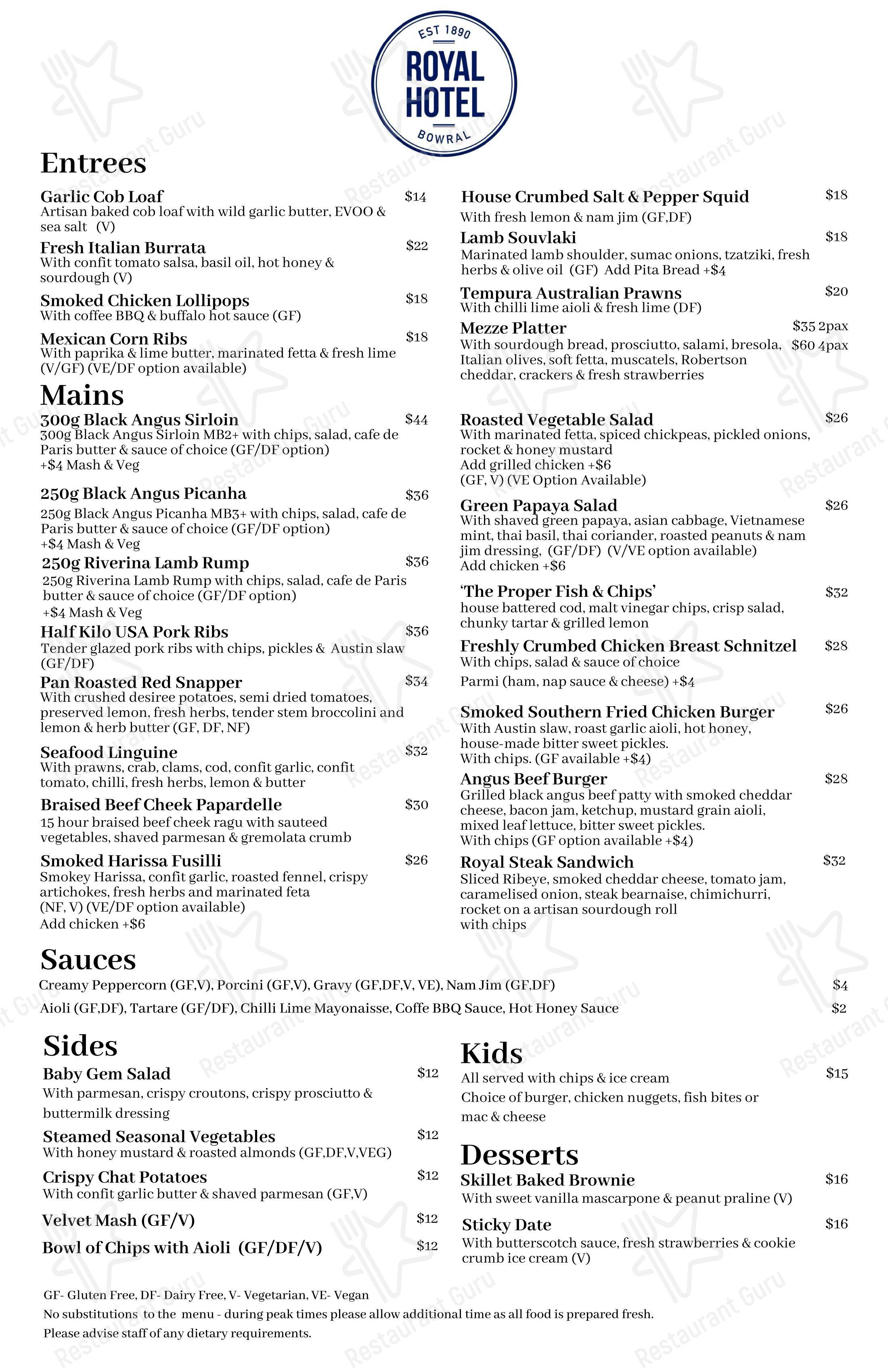Menu at The Royal Hotel Bowral restaurant, Bowral, 255 Bong Bong St