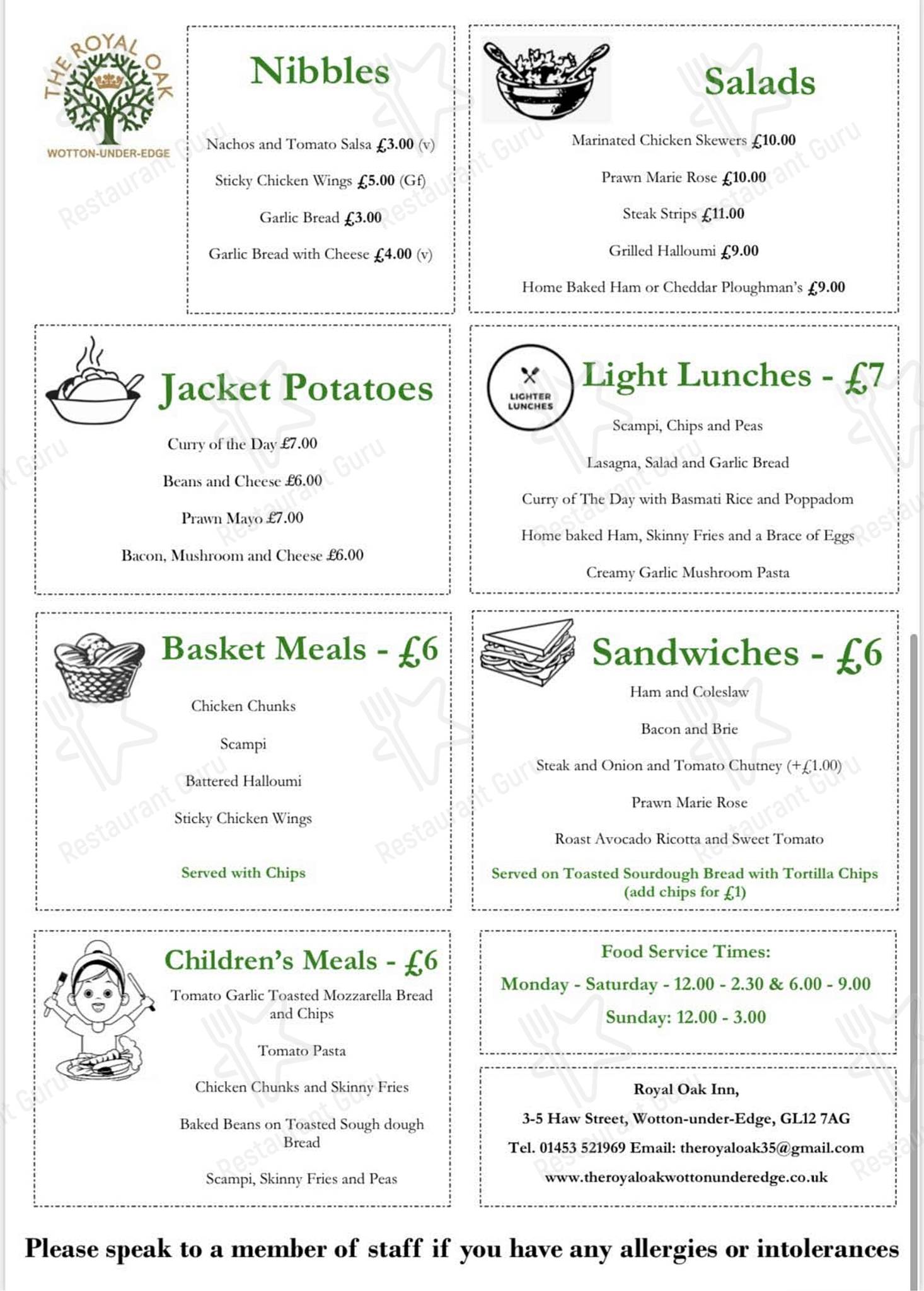Menu at The Royal Oak Inn pub & bar, Wotton-under-Edge