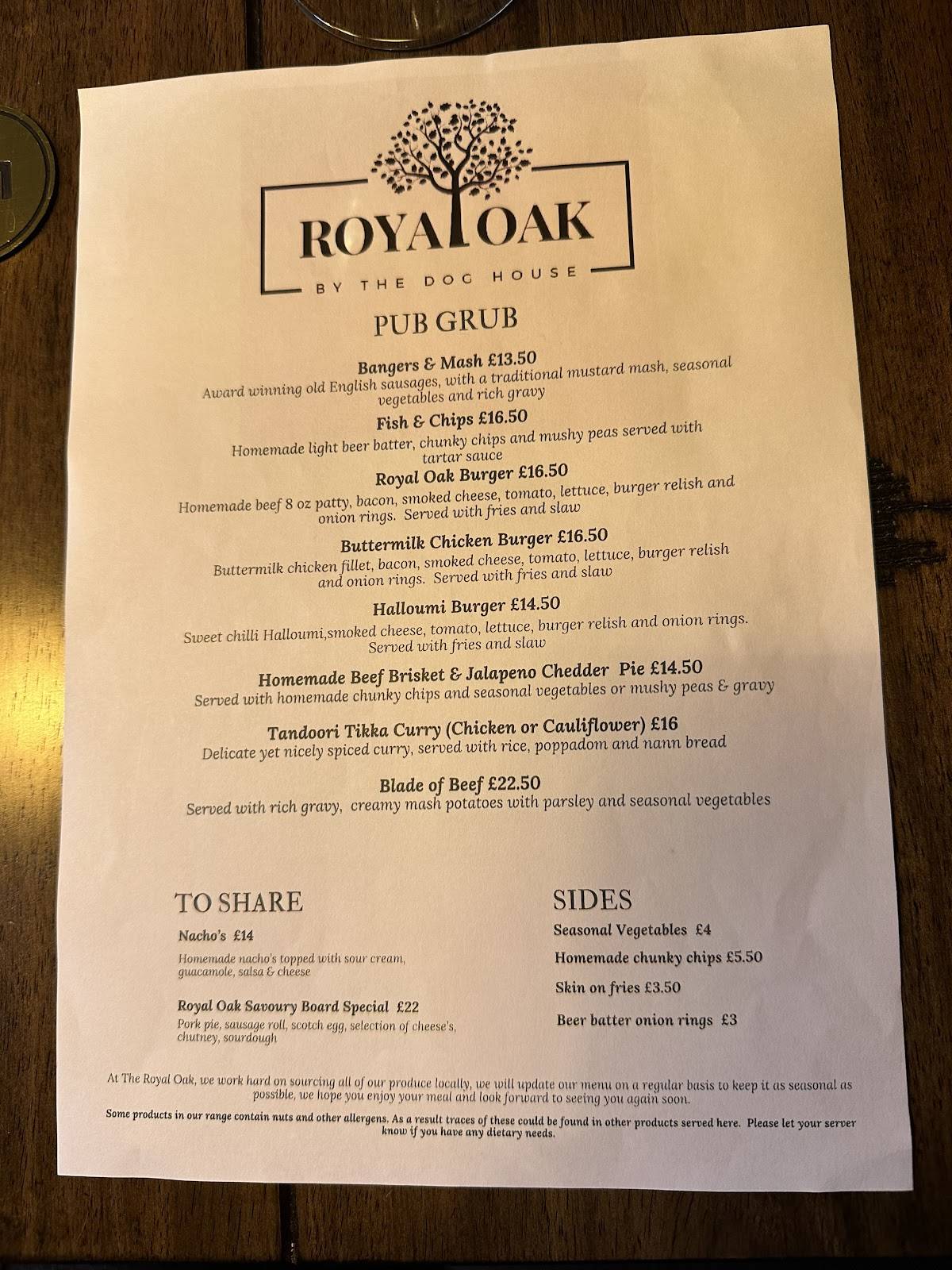 Menu at The Royal Oak pub & bar, Nottingham, 25 Main Rd