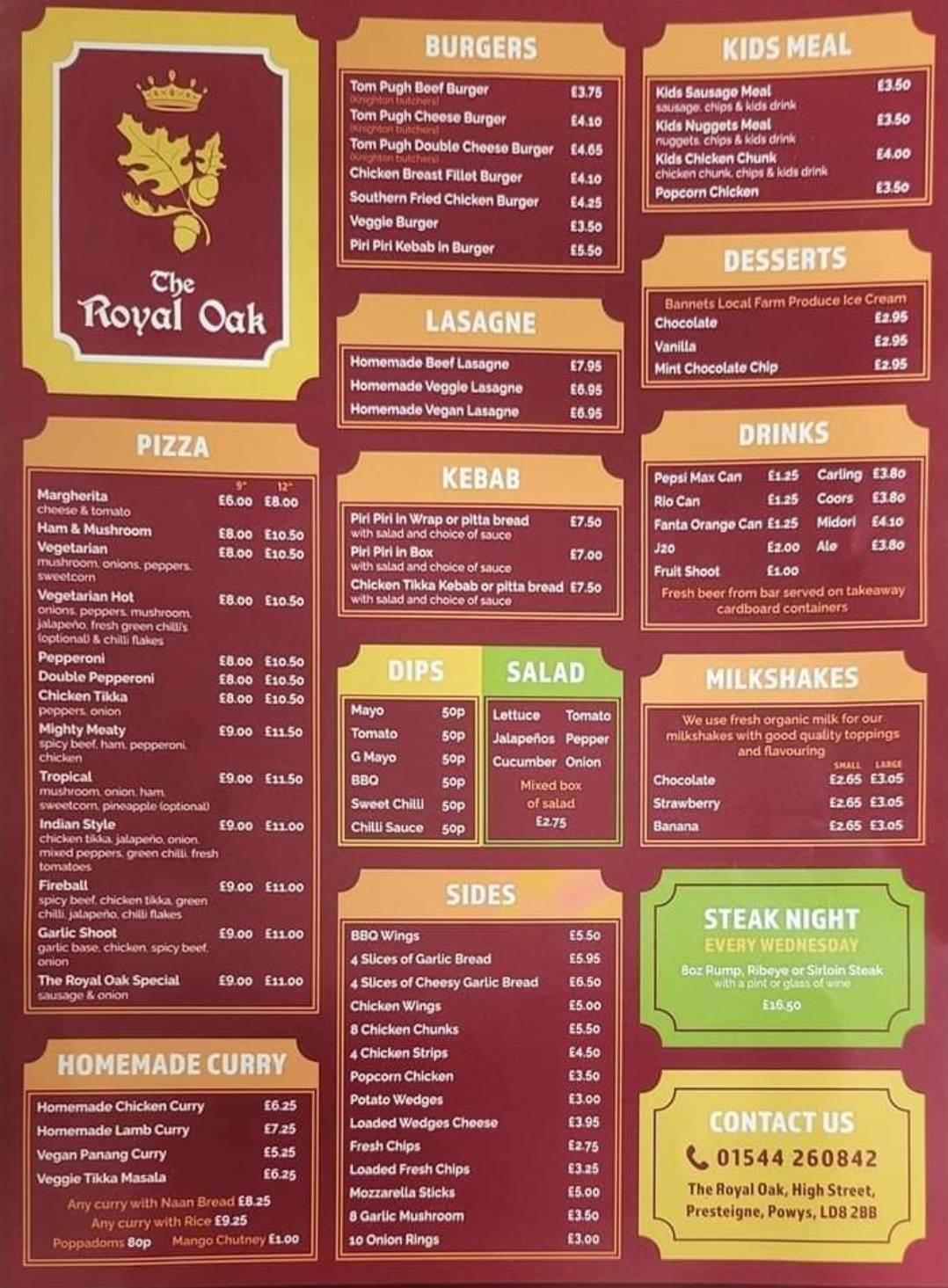 Menu at The Royal Oak pub & bar, Presteigne