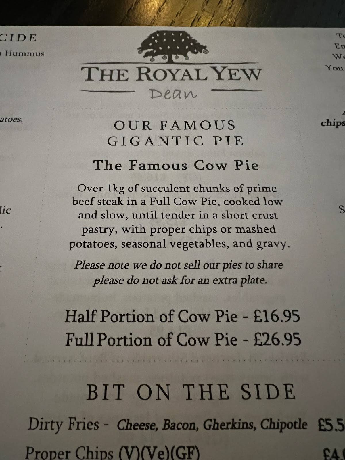 Menu at The Royal Yew pub & bar, Dean