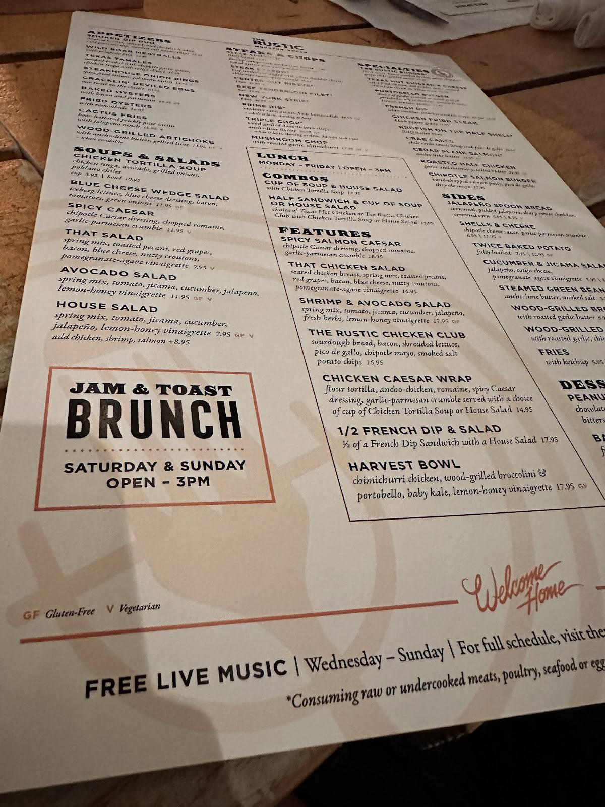 Menu at The Rustic restaurant, Houston, Uptown Park Blvd STE 4