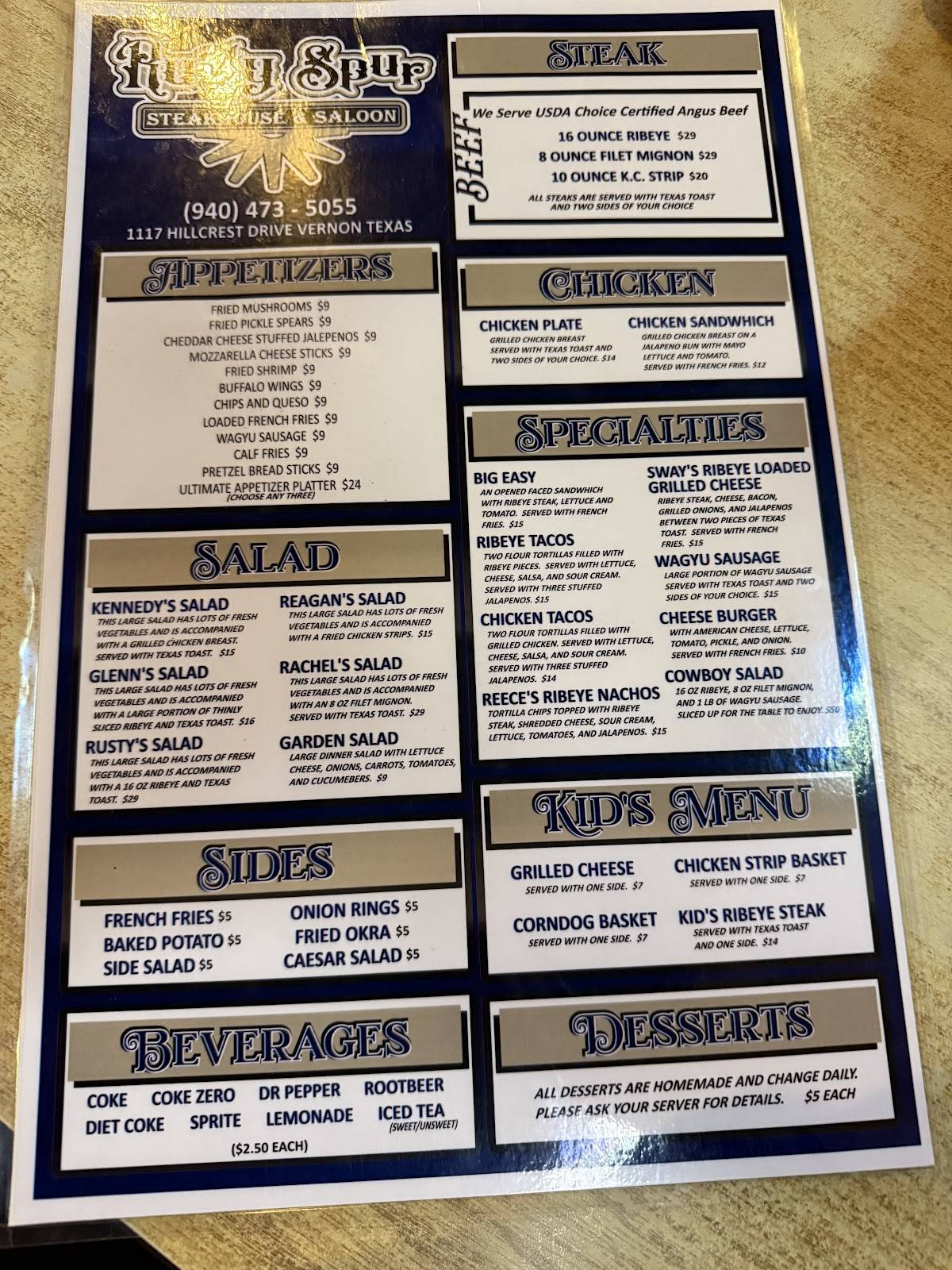 Menu at The Rusty Spur Steakhouse & Saloon, Vernon