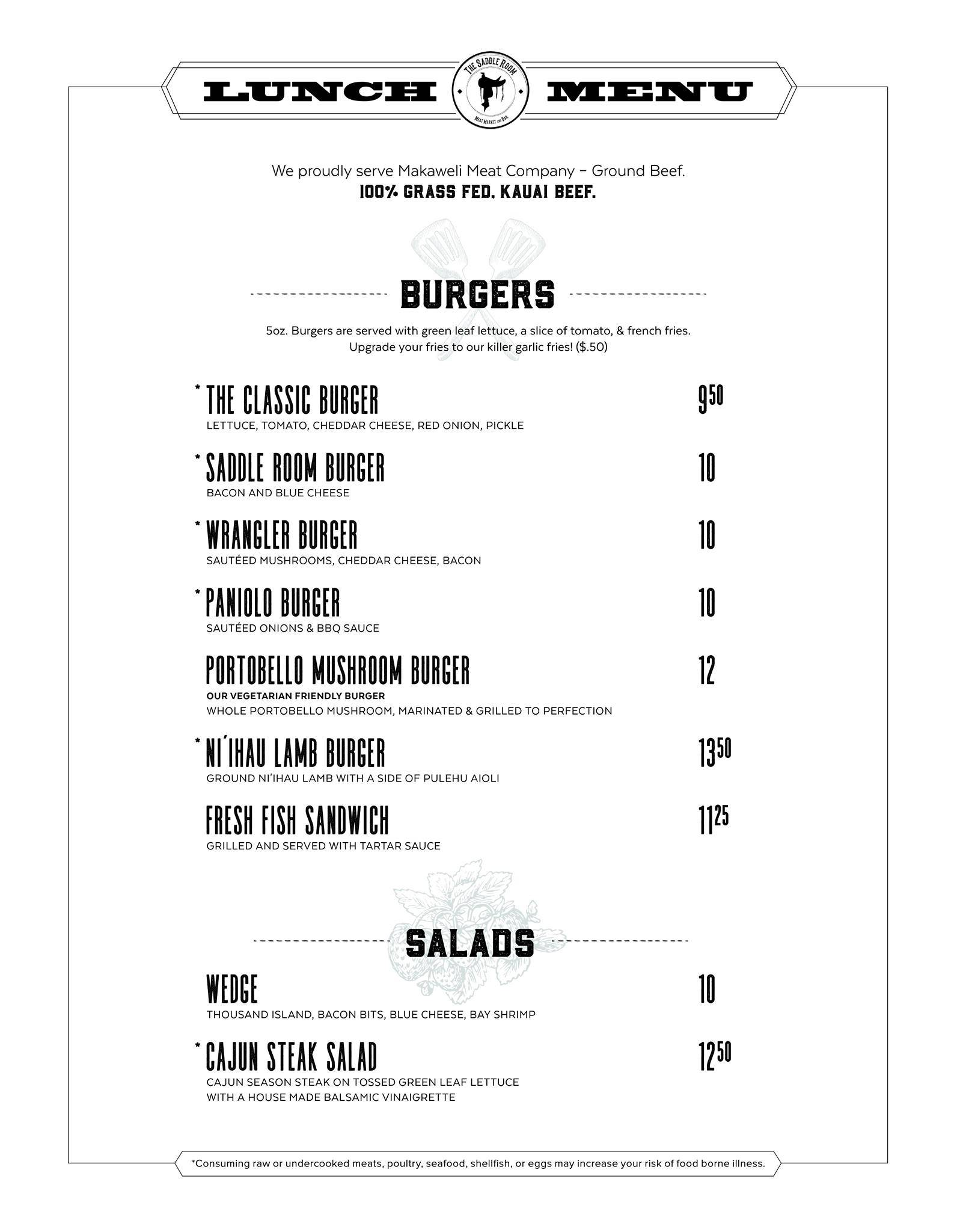 Menu at The Saddle Room pub & bar, Waimea, Kaumualii Hwy