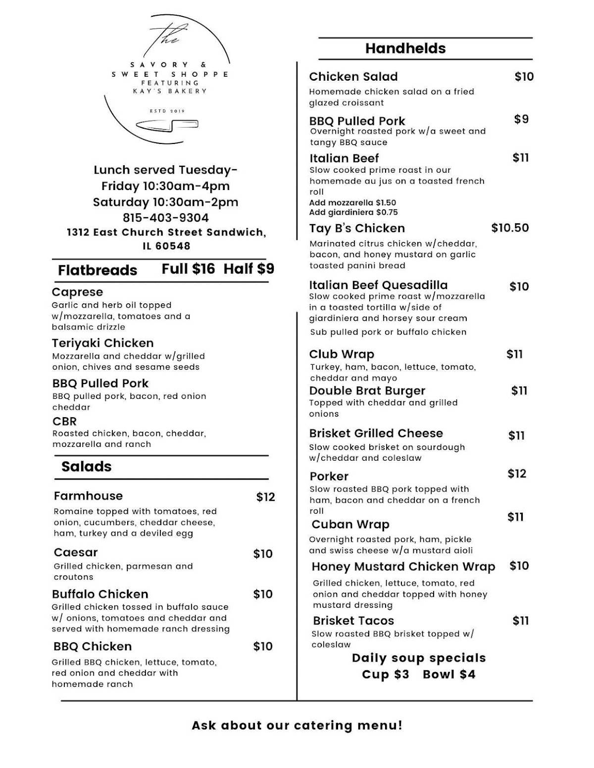 Menu at The Savory and Sweet Shoppe, Sandwich