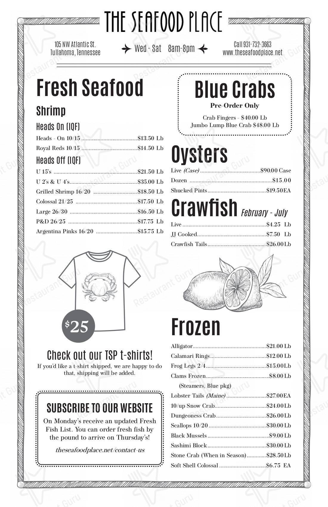 Menu at The Seafood Place restaurant, Tullahoma