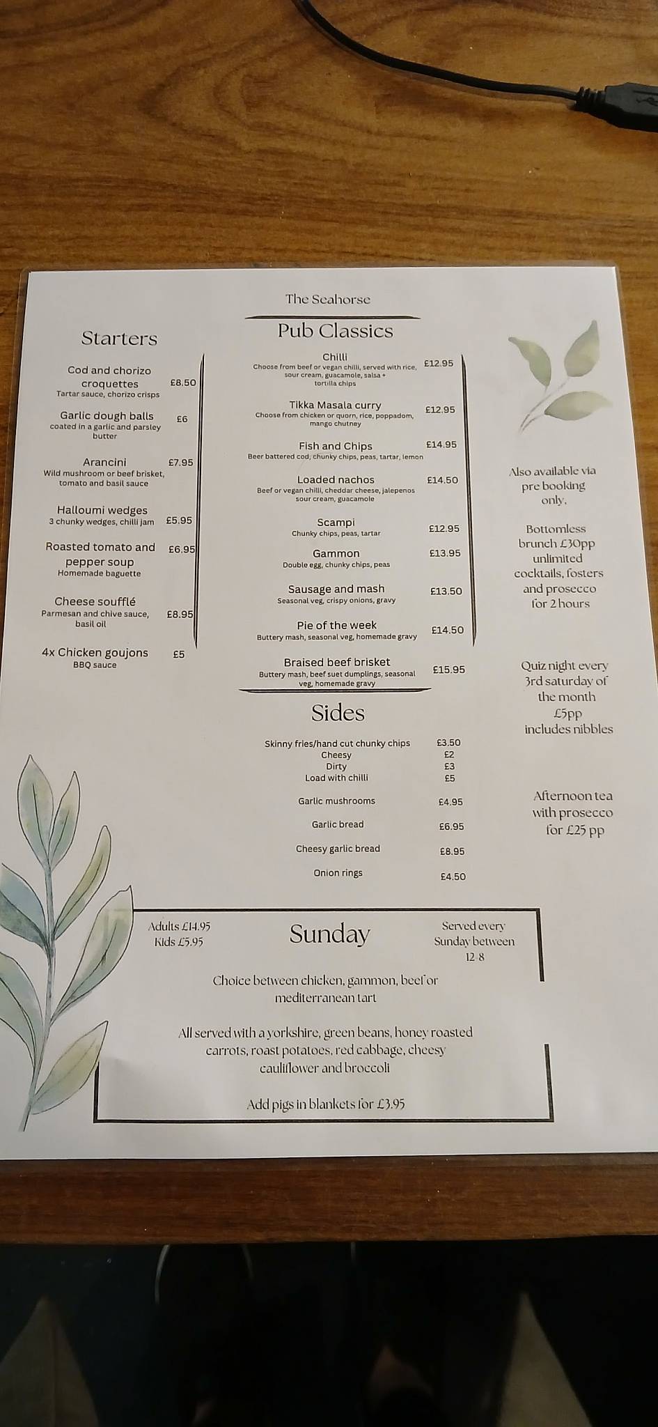 Menu at The Seahorse Pub, Gosport