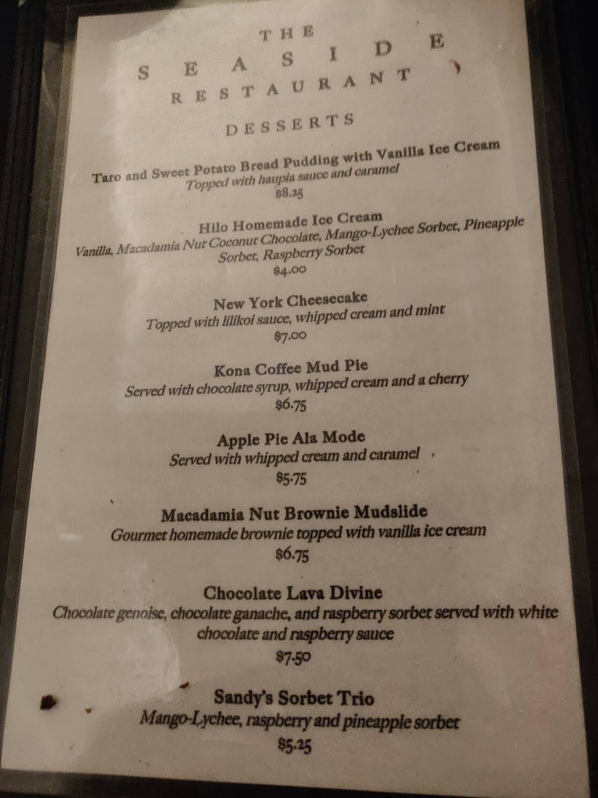 Menu at The Seaside Restaurant and Aqua Farm, Hilo