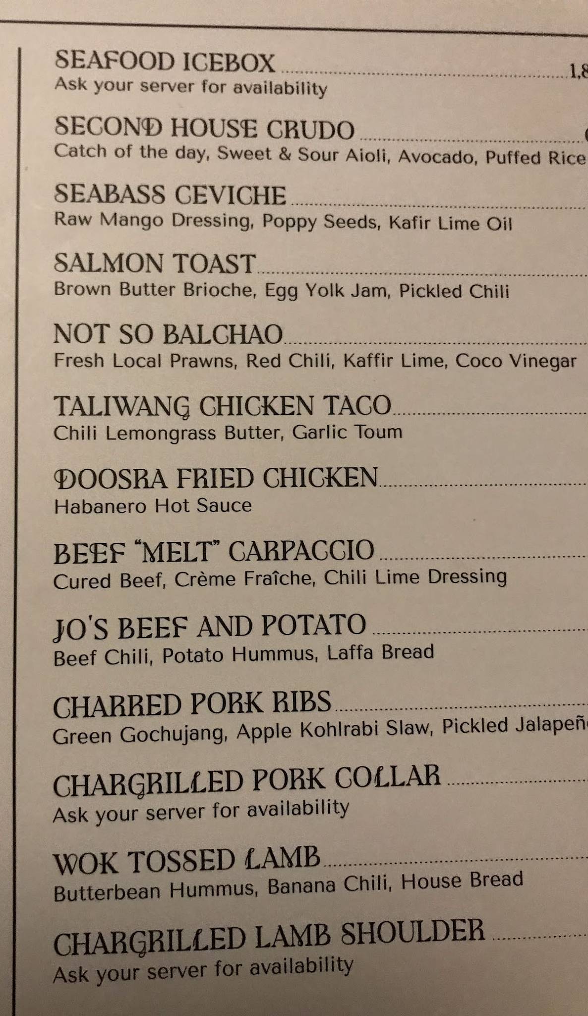 Menu at The Second House, Saligao