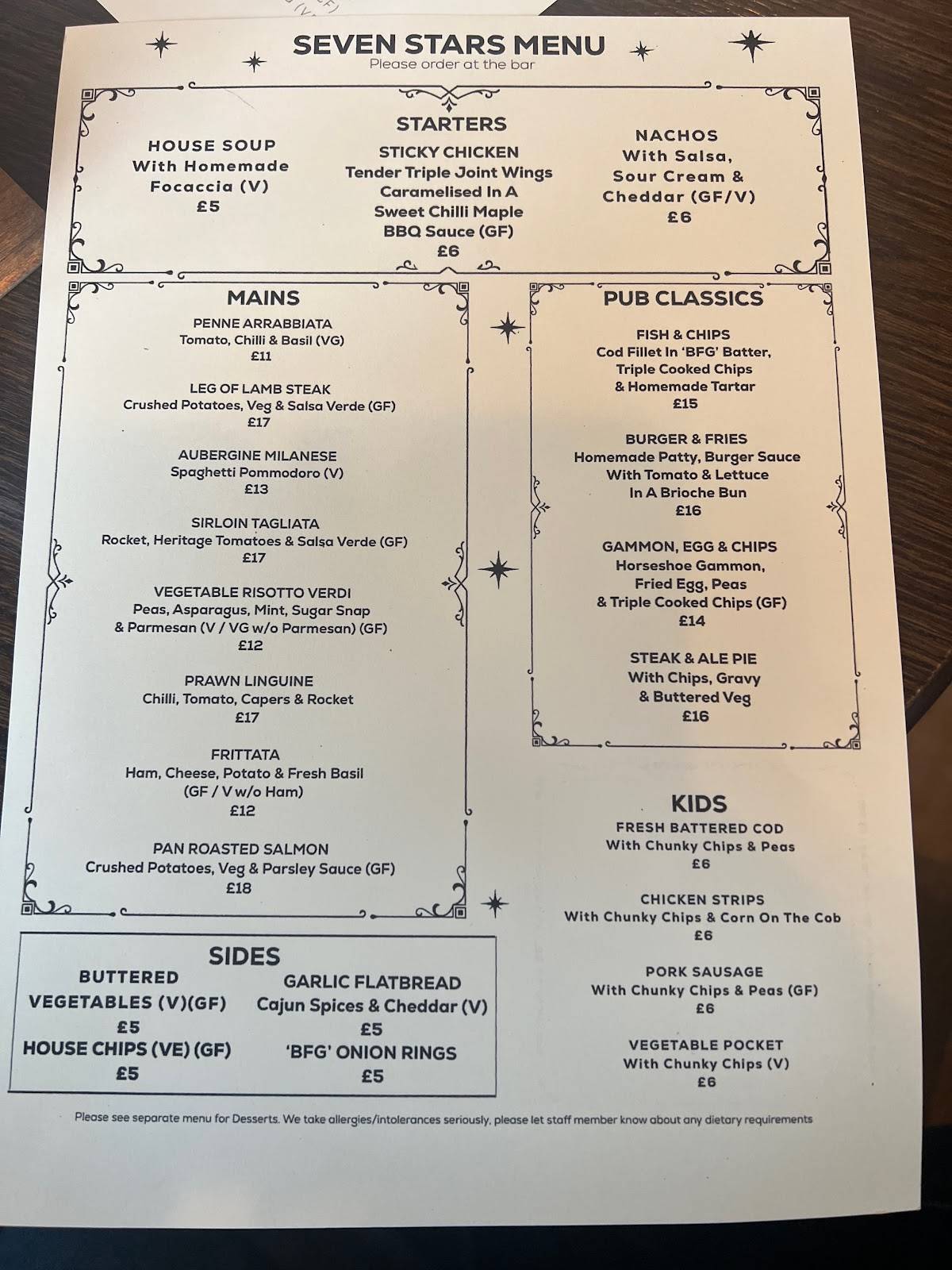 Menu at The Seven Stars pub & bar, Stourbridge, Brook Rd
