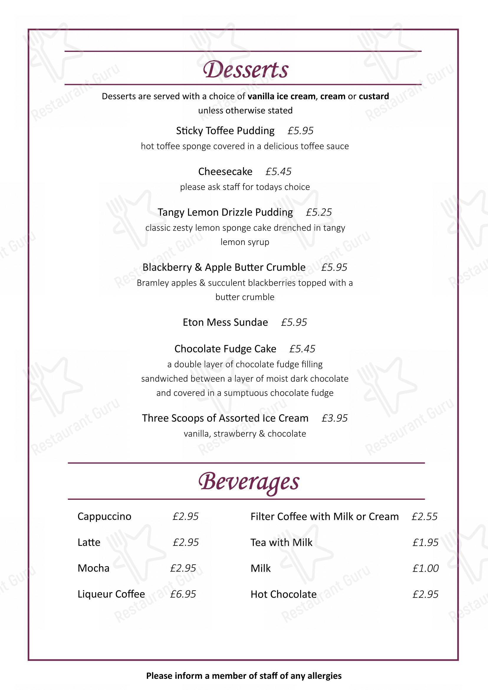 Menu at The Shepherd & Shepherdess Inn restaurant, Stanley