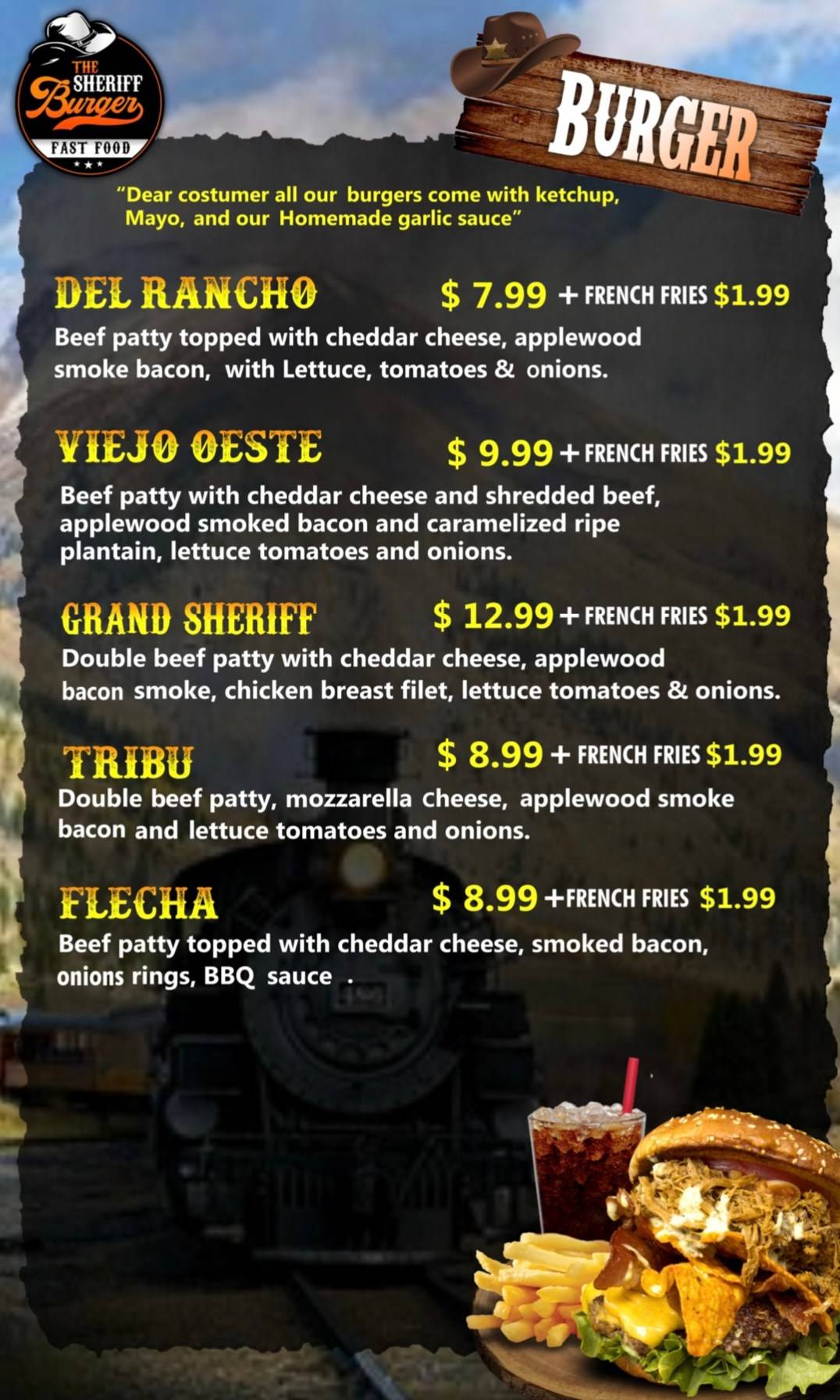 Menu at The Sheriff Burger restaurant, Simpsonville