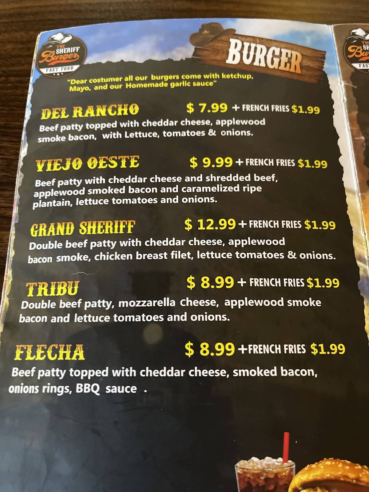 Menu at The Sheriff Burger restaurant, Simpsonville