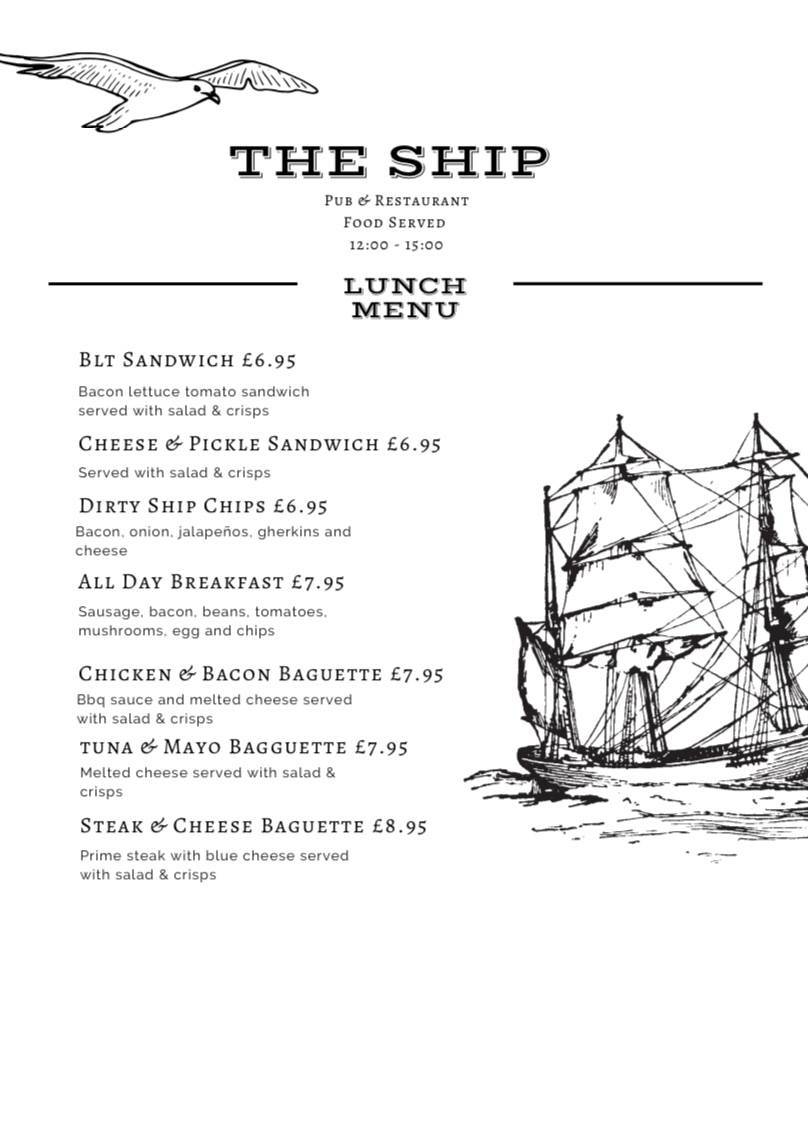 Menu at The Ship Inn pub & bar, Great Yarmouth