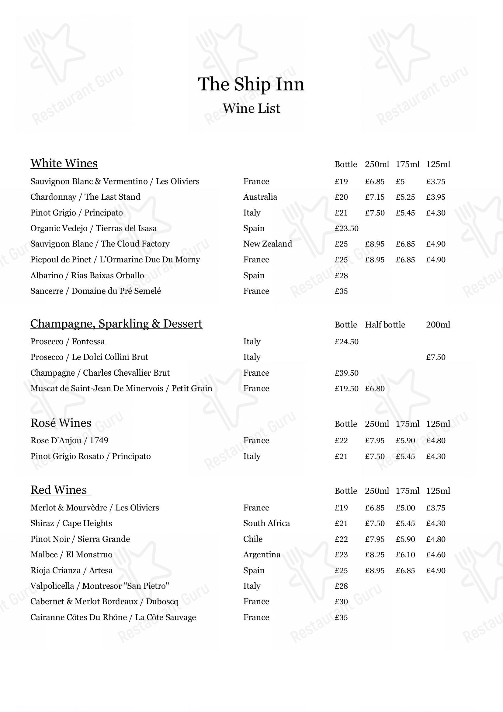Menu at The Ship Inn pub & bar, Gillingham