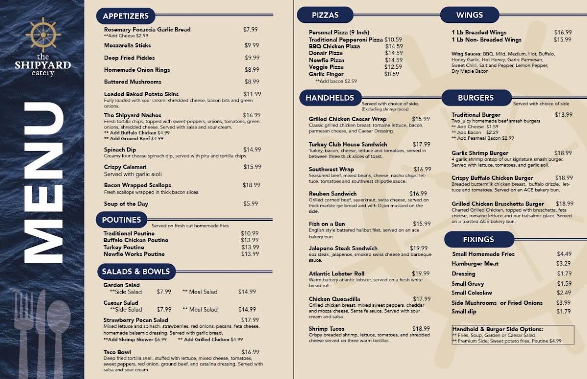 Menu at The Shipyard Eatery restaurant, Corner Brook