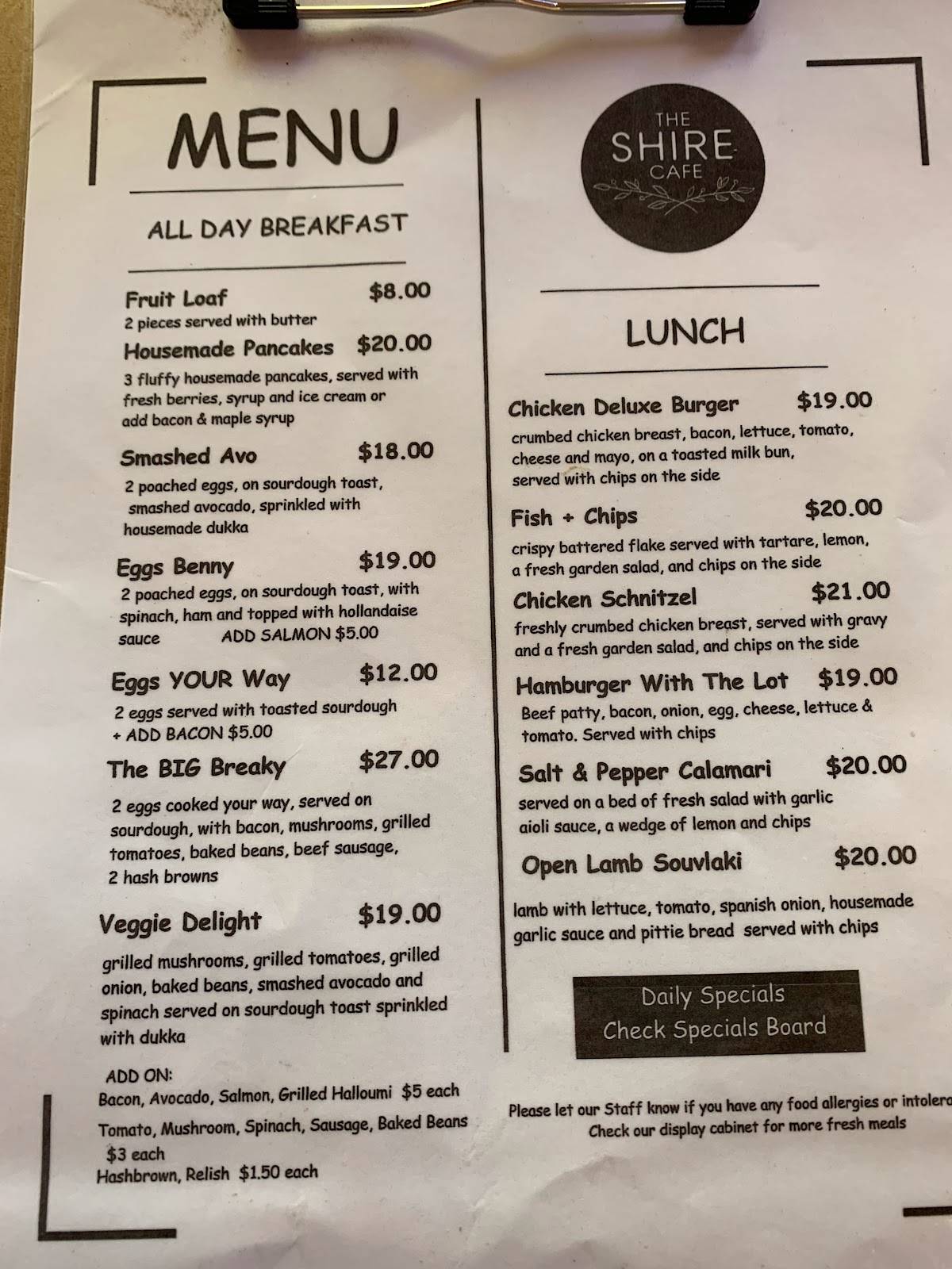 Menu at The Shire Cafe, Saint Arnaud