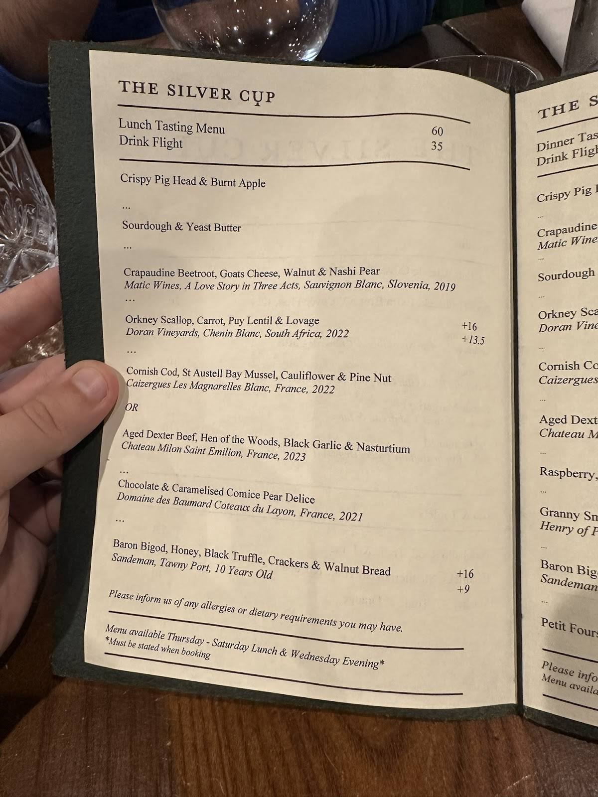 Menu at The Silver Cup restaurant, Harpenden, Silver Cup