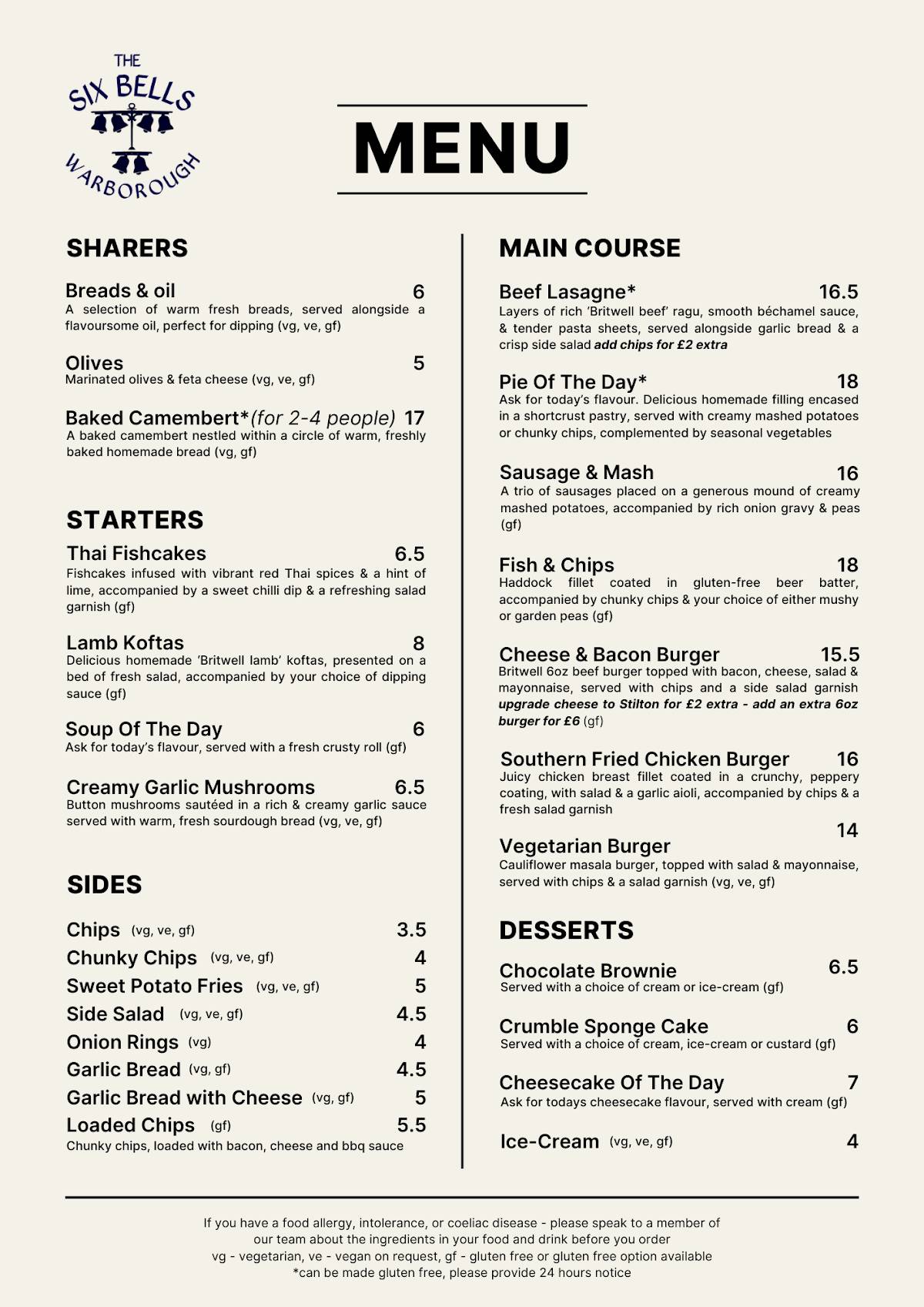 Menu at The Six Bells pub & bar, Wallingford