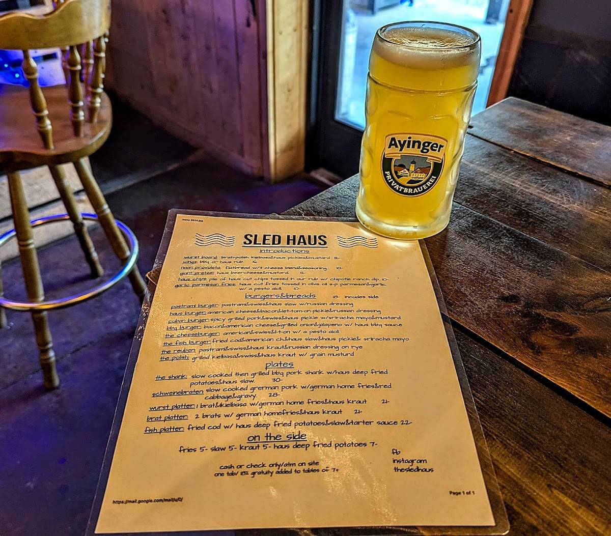 Menu at The Sled Haus restaurant, Lead