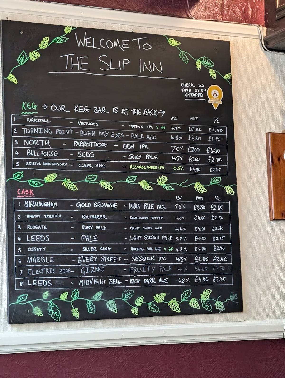 Menu at The Slip Inn pub & bar, York