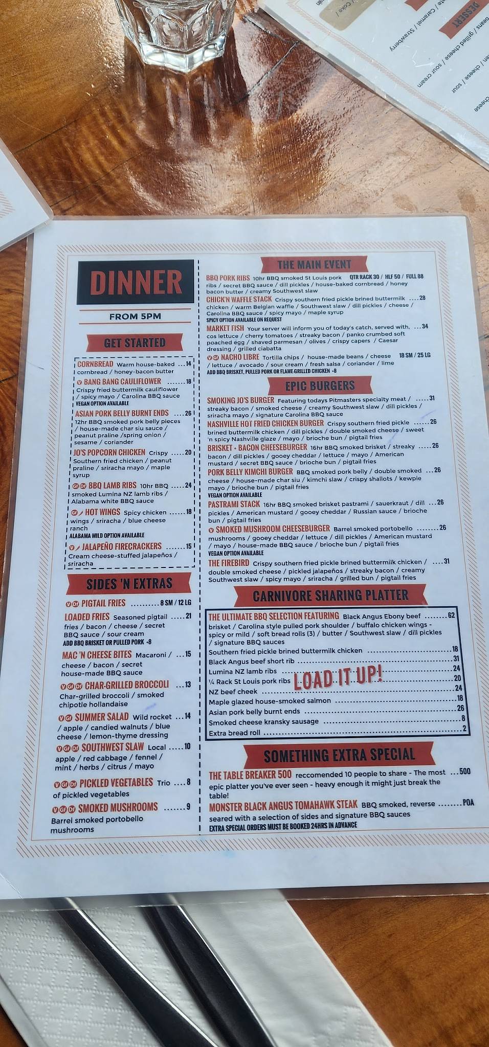 Menu at The Smoking Barrel, Motueka