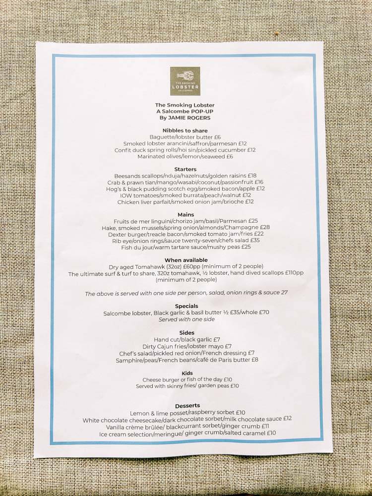Menu at The Smoking Lobster - Salcombe restaurant, Salcombe