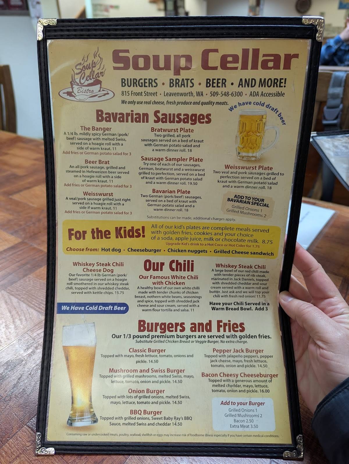 Menu at The Soup Cellar restaurant, Leavenworth