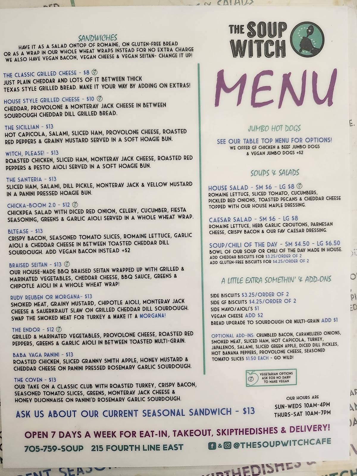 Carta del café The Soup Witch, Sault Ste. Marie