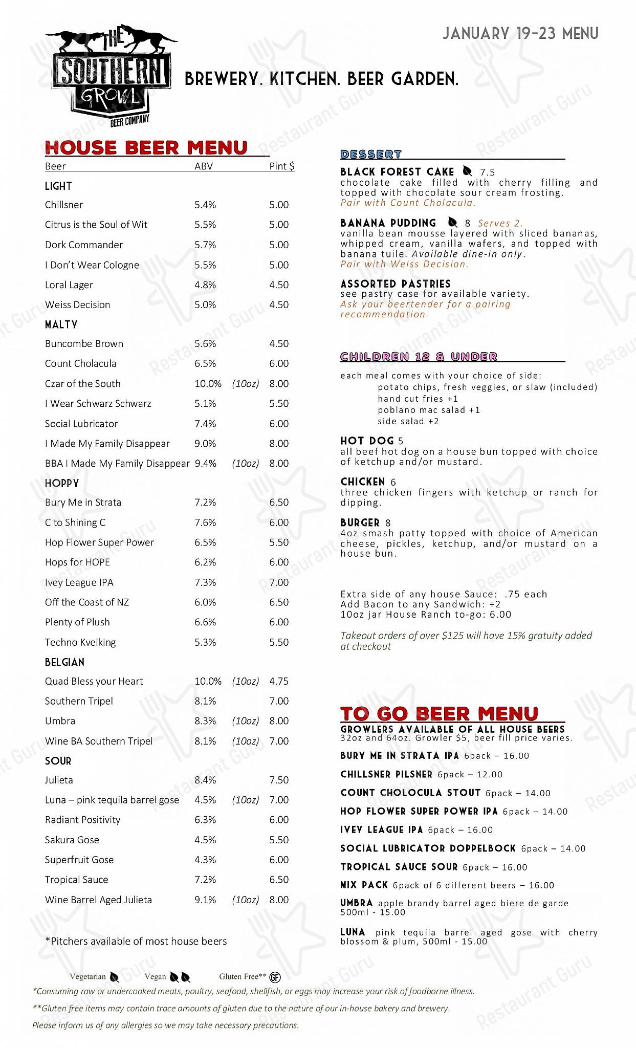 Menu at The Southern Growl pub & bar, Greer
