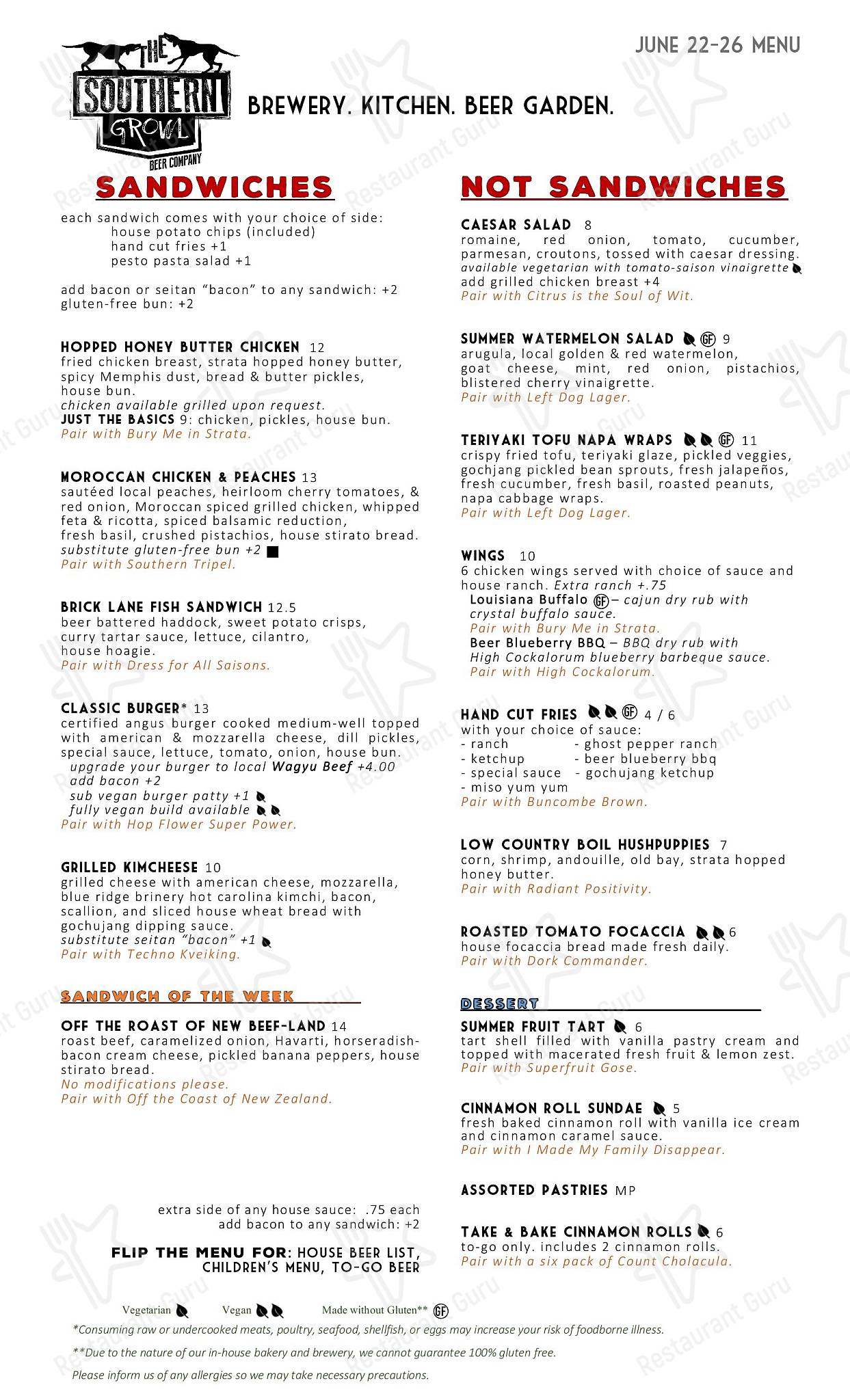 Menu at The Southern Growl pub & bar, Greer