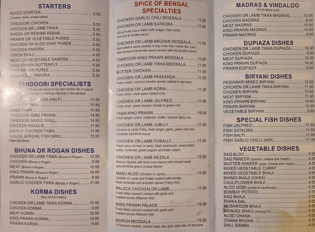 Menu at The Spices of Bengal restaurant, Ashford