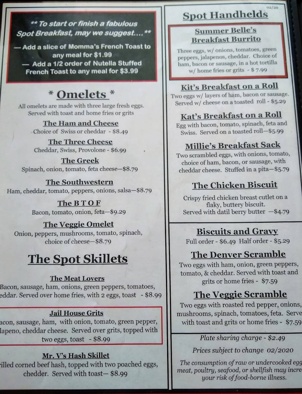 Menu at The Spot Cafe, St. Augustine, US-1