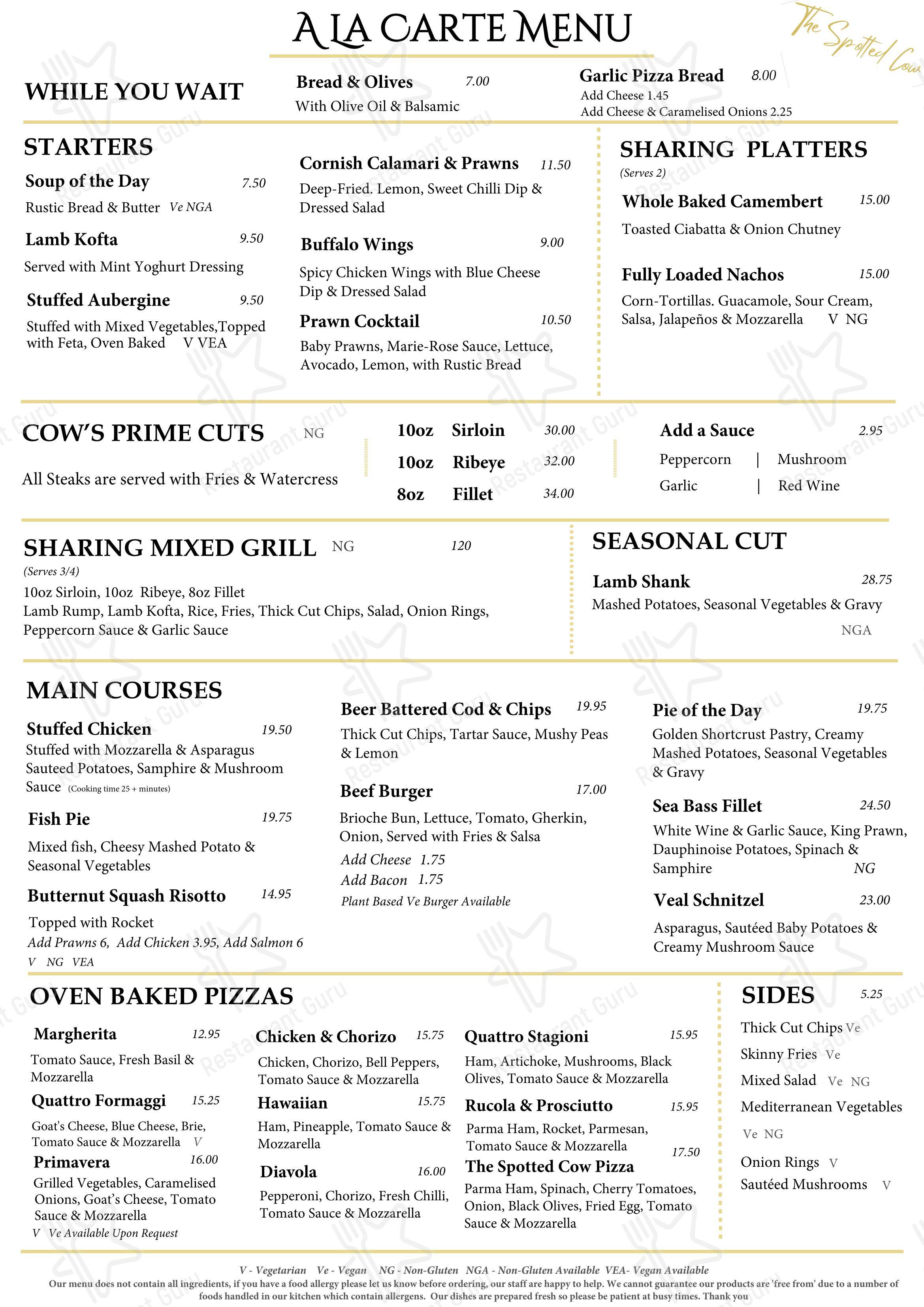 Menu at The Spotted Cow pub & bar, Farnham, The Spotted Cow