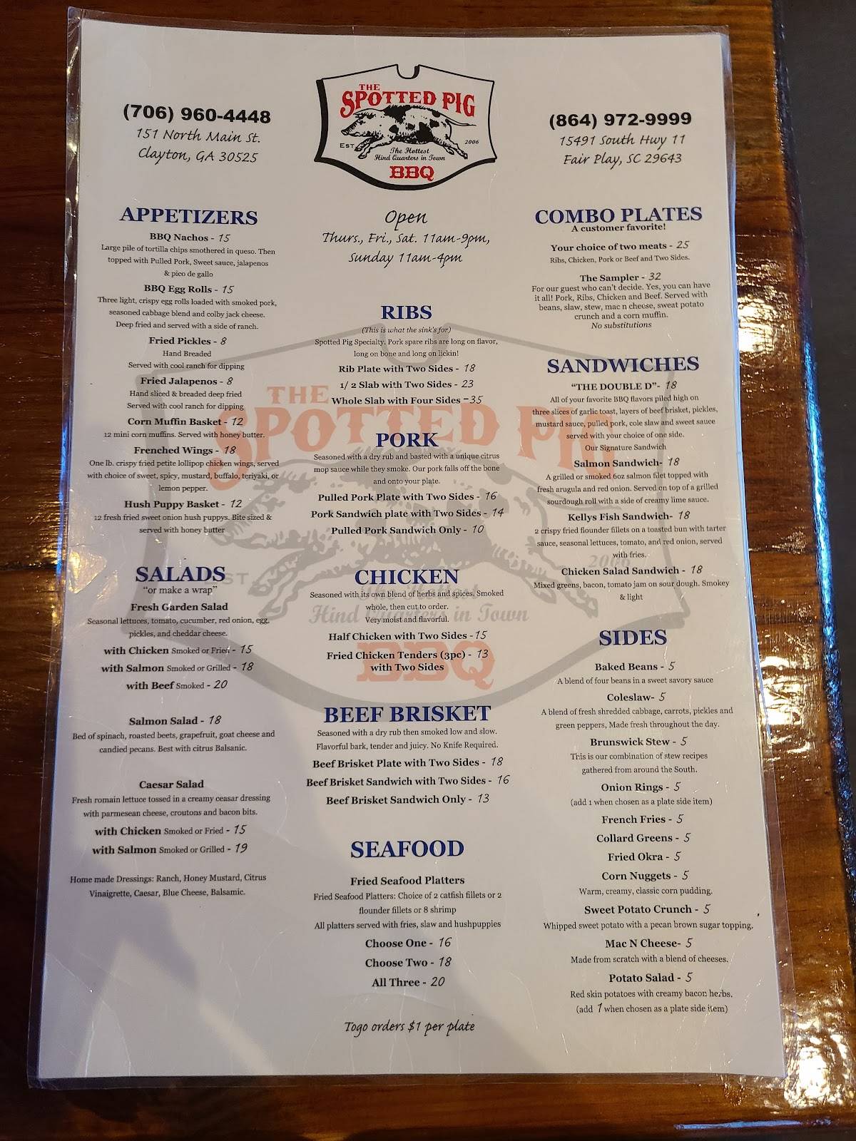 Menu at The Spotted Pig BBQ, Fair Play, SC-11