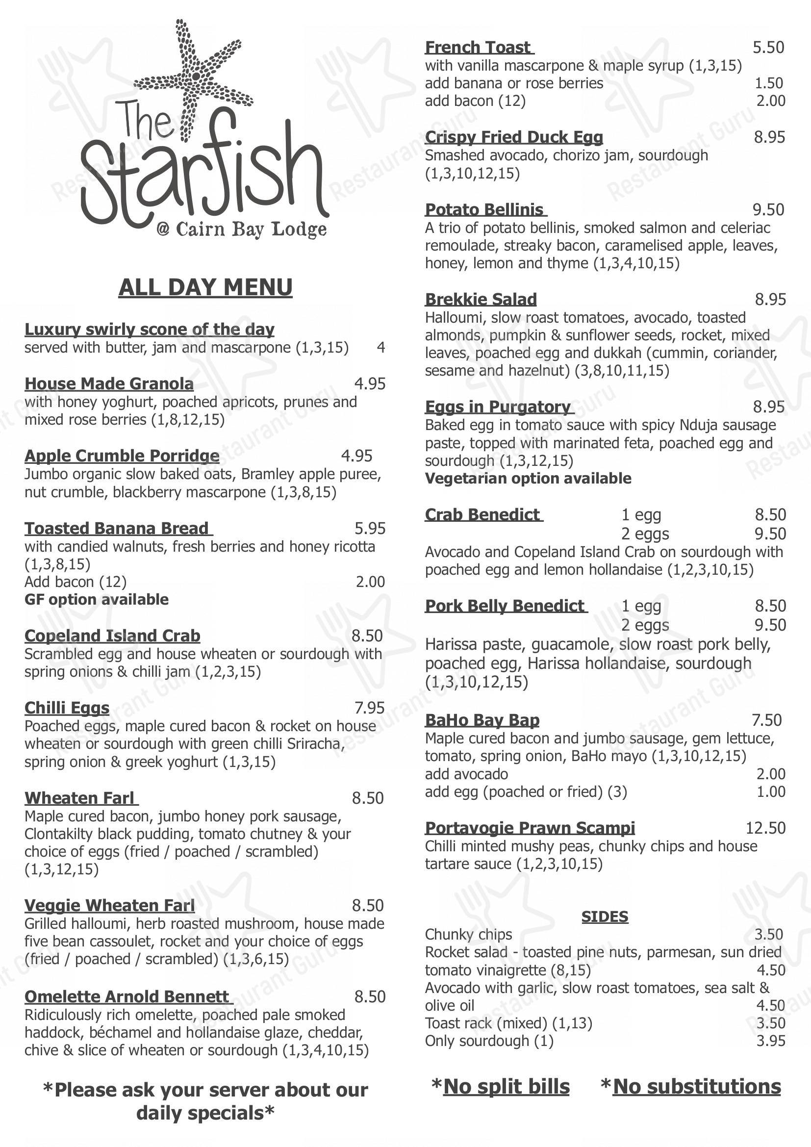 Menu at The Starfish cafe, Bangor