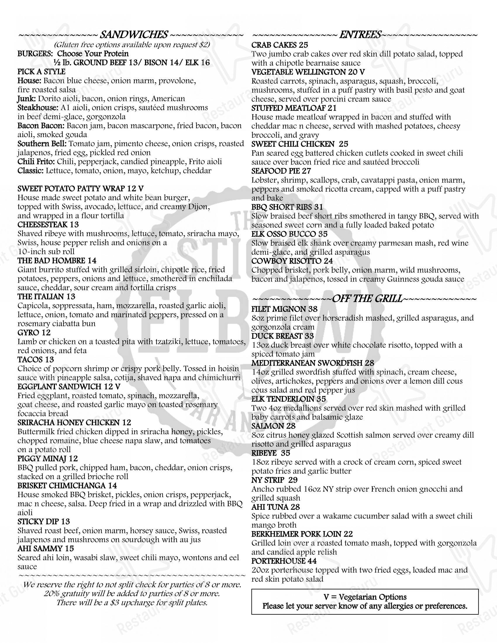 Menu at The Sticky Elbow restaurant, Williamsport