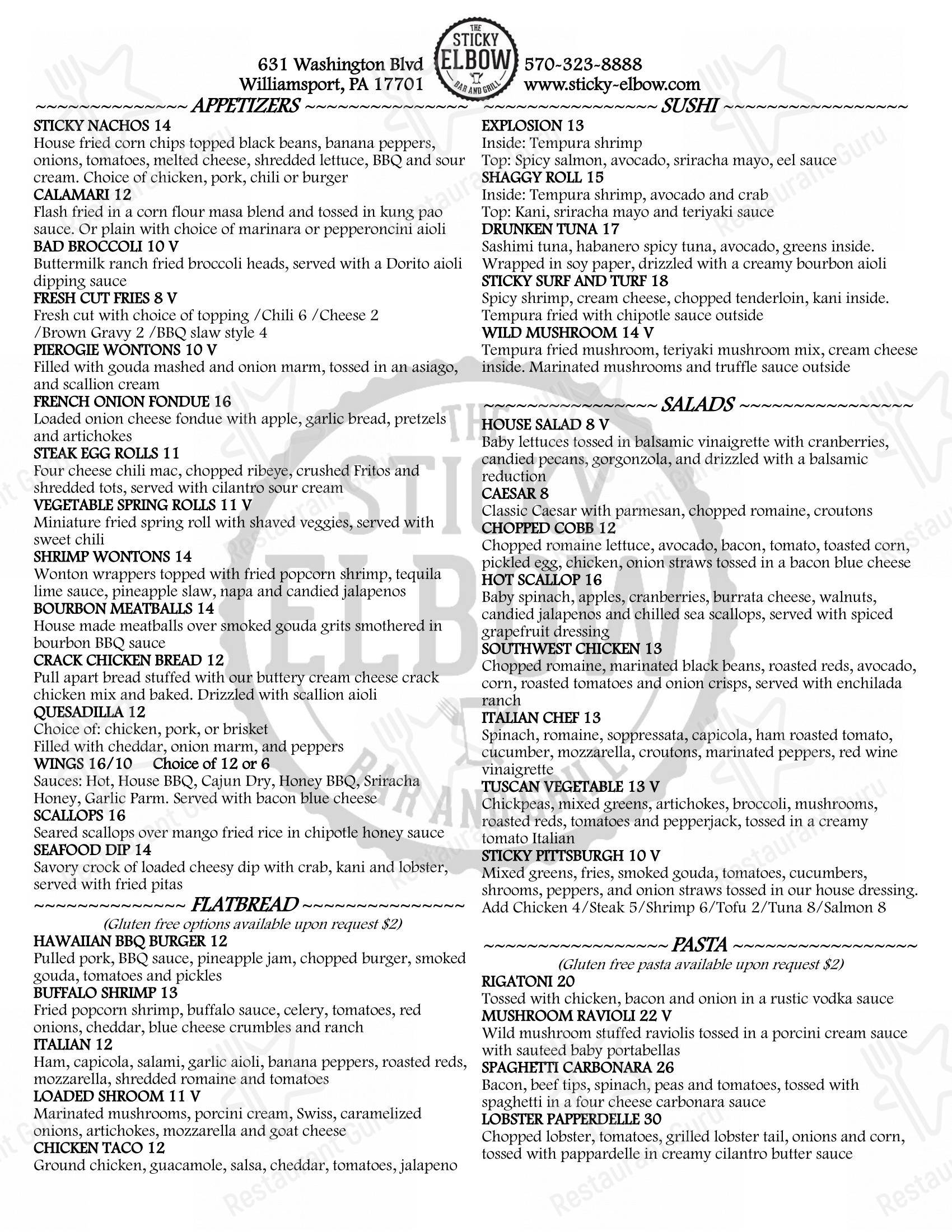 Menu at The Sticky Elbow restaurant, Williamsport