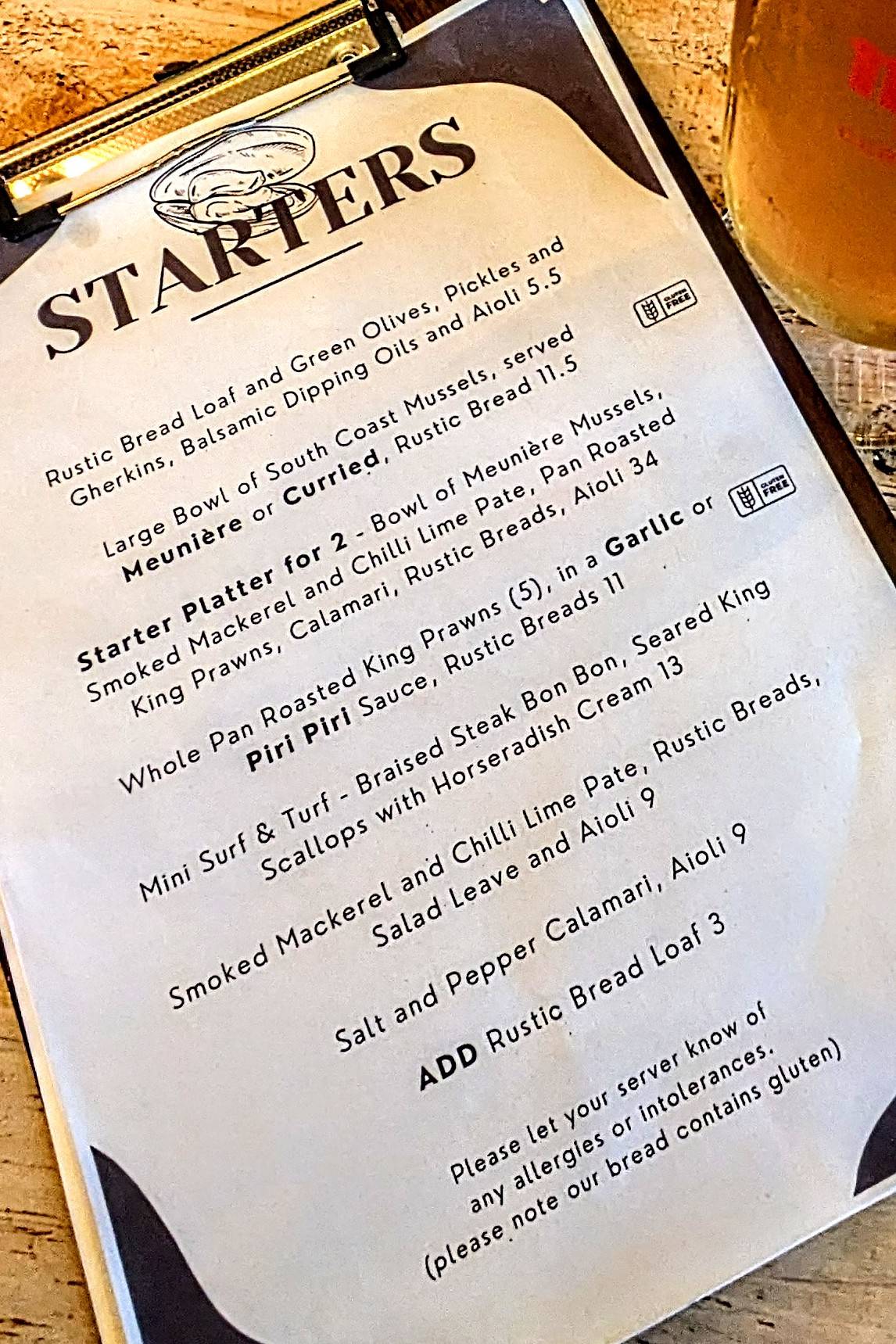 Menu at The Stone Crab restaurant, Saundersfoot
