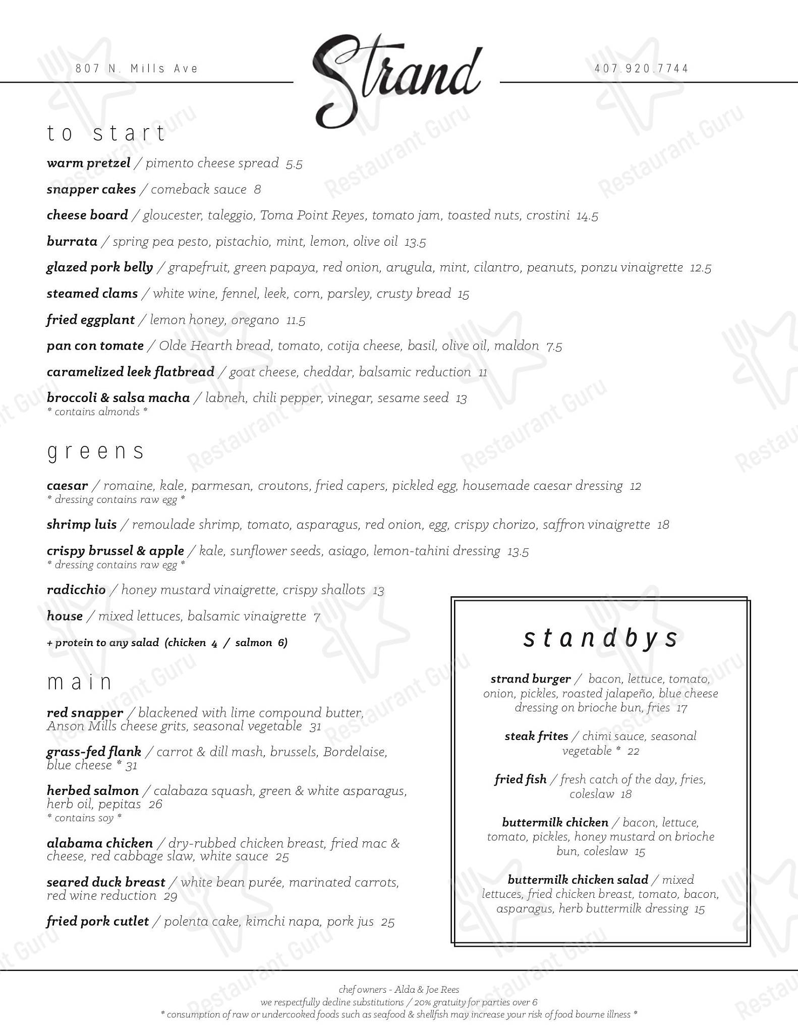 Menu at The Strand restaurant, Orlando